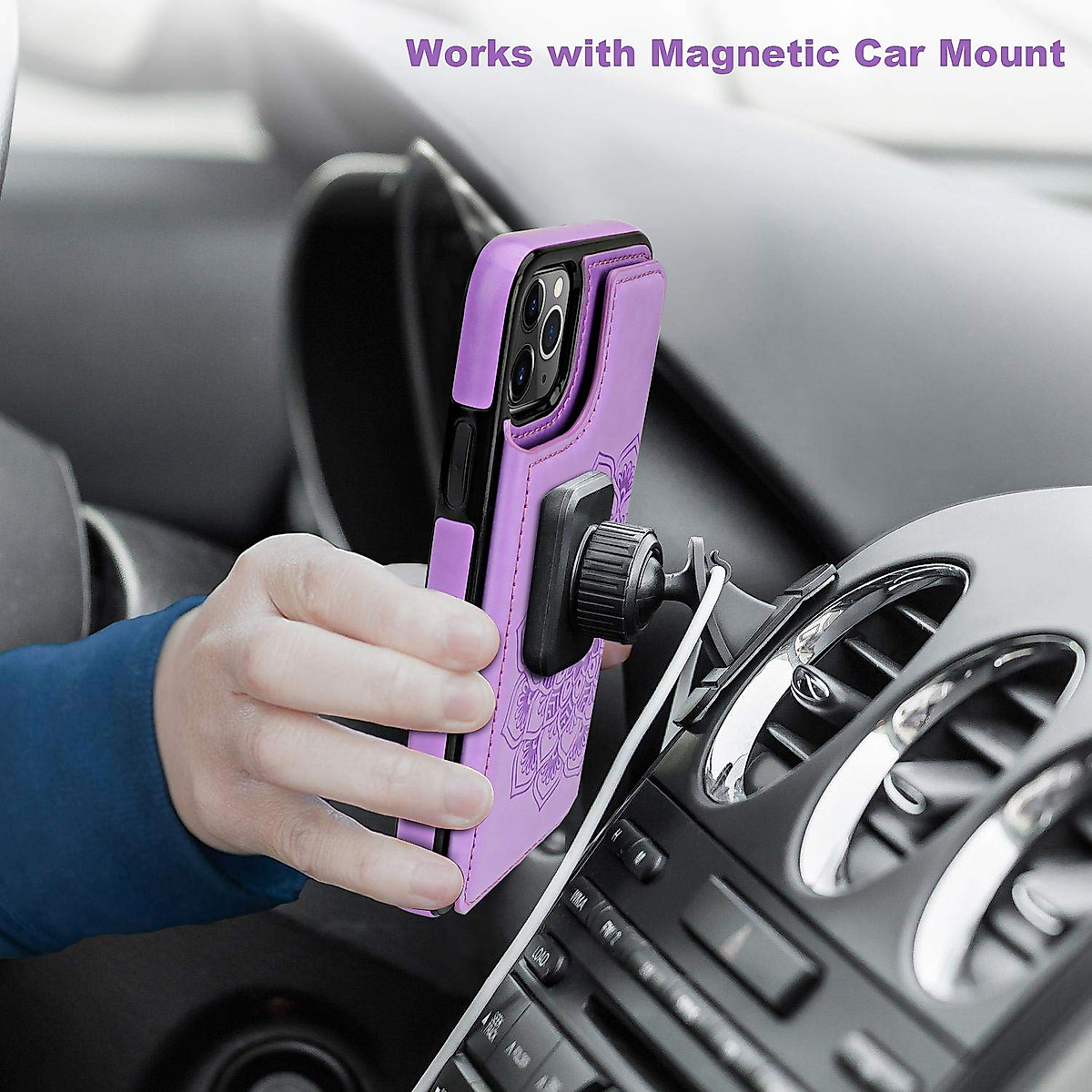 Vaburs for iPhone 11 Pro Max Case Wallet with Card Holder, Embossed Mandala Pattern Premium PU Leather Double Magnetic Buttons Flip Shockproof Protective Cover for iPhone 11 Pro Max 6.5 Inch(Purple)