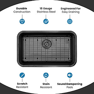 Strictly Sinks 29-3/4 Inch Undermount Kitchen Sink - 18 Gauge Single Bowl Kitchen Sink - Ideal Black Kitchen Sink with Single Strainer Drain, Bottom Grid & Roll Up Dish Drying Rack