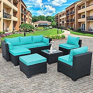 Outdoor PE Black Rattan Furniture Conversation Backyard Lawn Set 6 Piece Patio Loveseat Wicker Sectional Chairs with Removable Cushion and Multi-Purpose Tempered Glass Top Table (Turquoise)