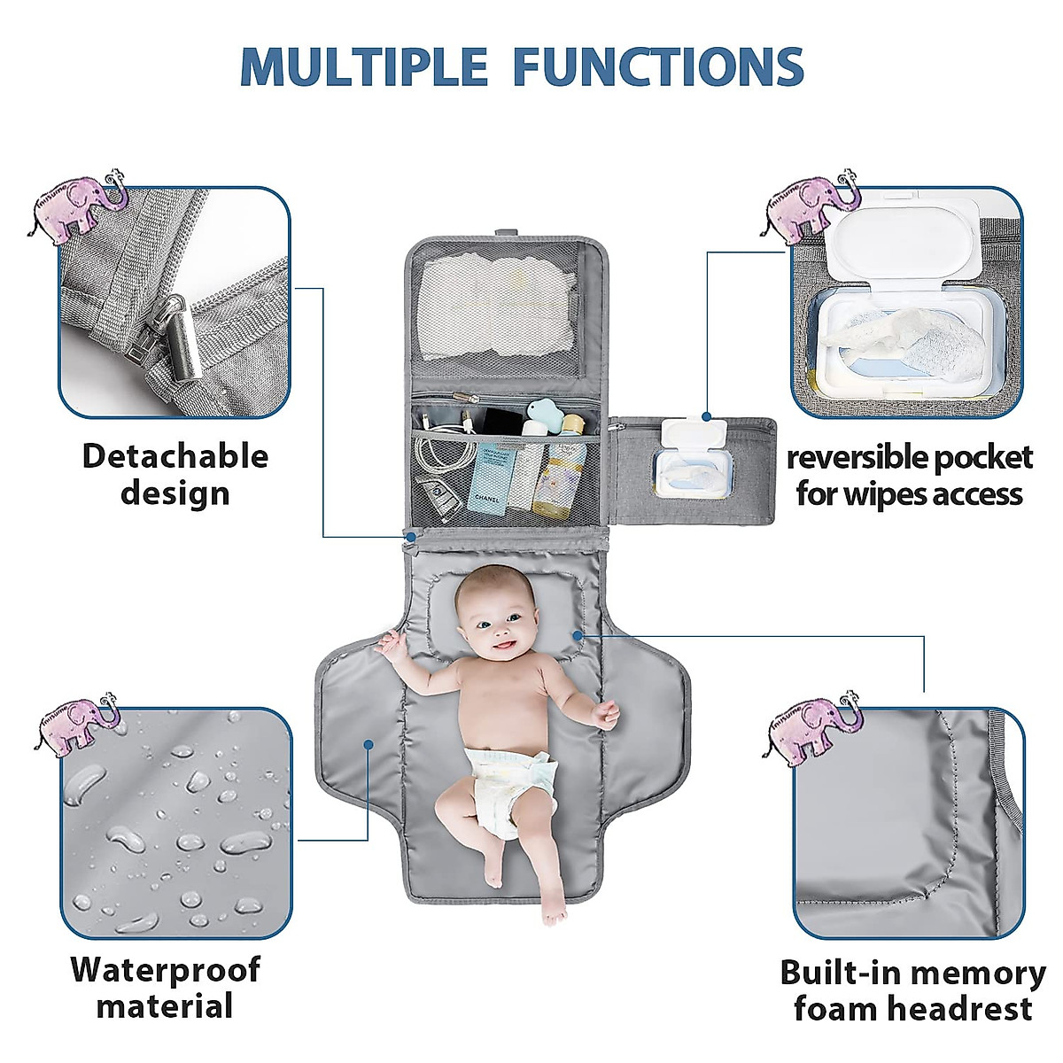 Portable Diaper Changing Pad with Built-in Head Cushion,Newborn Baby Changing Pad with Smart Wipes Pocket,Waterproof Travel Changing Mat Station kit,Baby Diaper Bag Shower Gift for Boys and Girls…