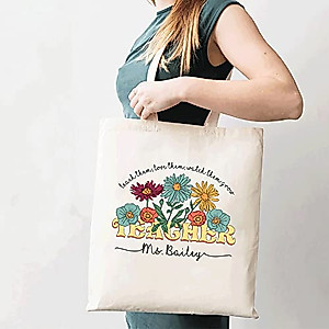 NAZENTI Personalized Teacher Tote Bag - Custom Teacher Bag With Name, Flower Teacher Tote, Teacher Gifts for Women, Teacher Appreciation Gifts, Preschool Kindergarten Teacher Gift, Christmas Gifts