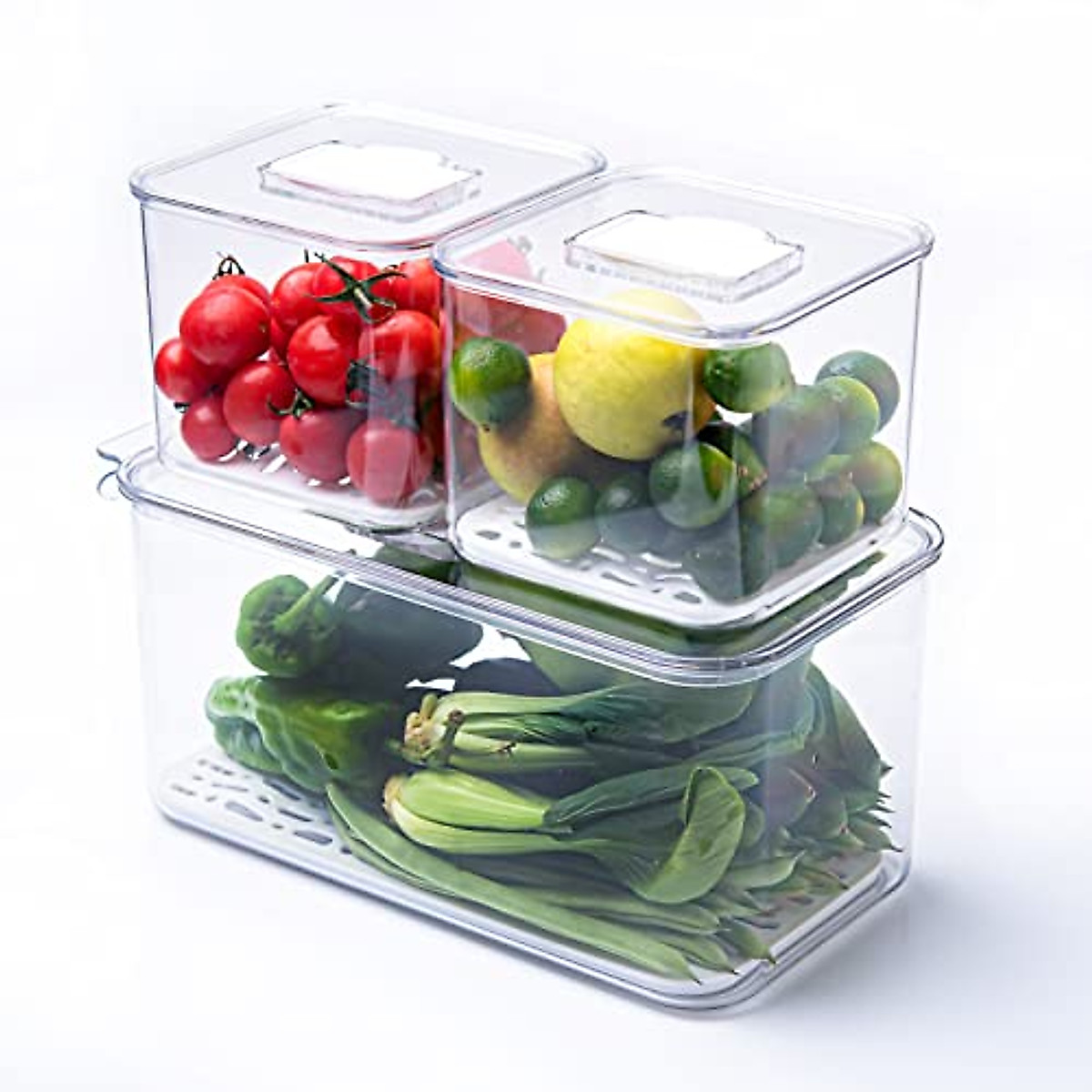 AZONEIN Clear Plastic Stackable Storage Boxes - 3 PCS Kitchen Fruit Freezer Storage Containers Fridge Organisers Bins With Valve And Removable Drain Board…
