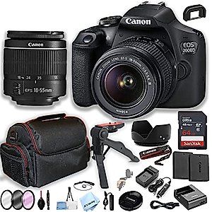 Canon EOS 2000D (Rebel T7) DSLR Camera w/EF-S 18-55mm F/3.5-5.6 Zoom Lens + 64GB Memory + Case+ Steady Grip Pod + Filters + Remote + 2X Batteries + More (30pc Bundle)