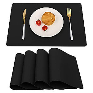 Vinjiasin Black Leather Placemats for Dining Table Set of 4, Waterproof Wipeable Placemats, Heat Resistant Non Slip Rectangle Indoor Place mats, Easy to Clean Christmas Decorations