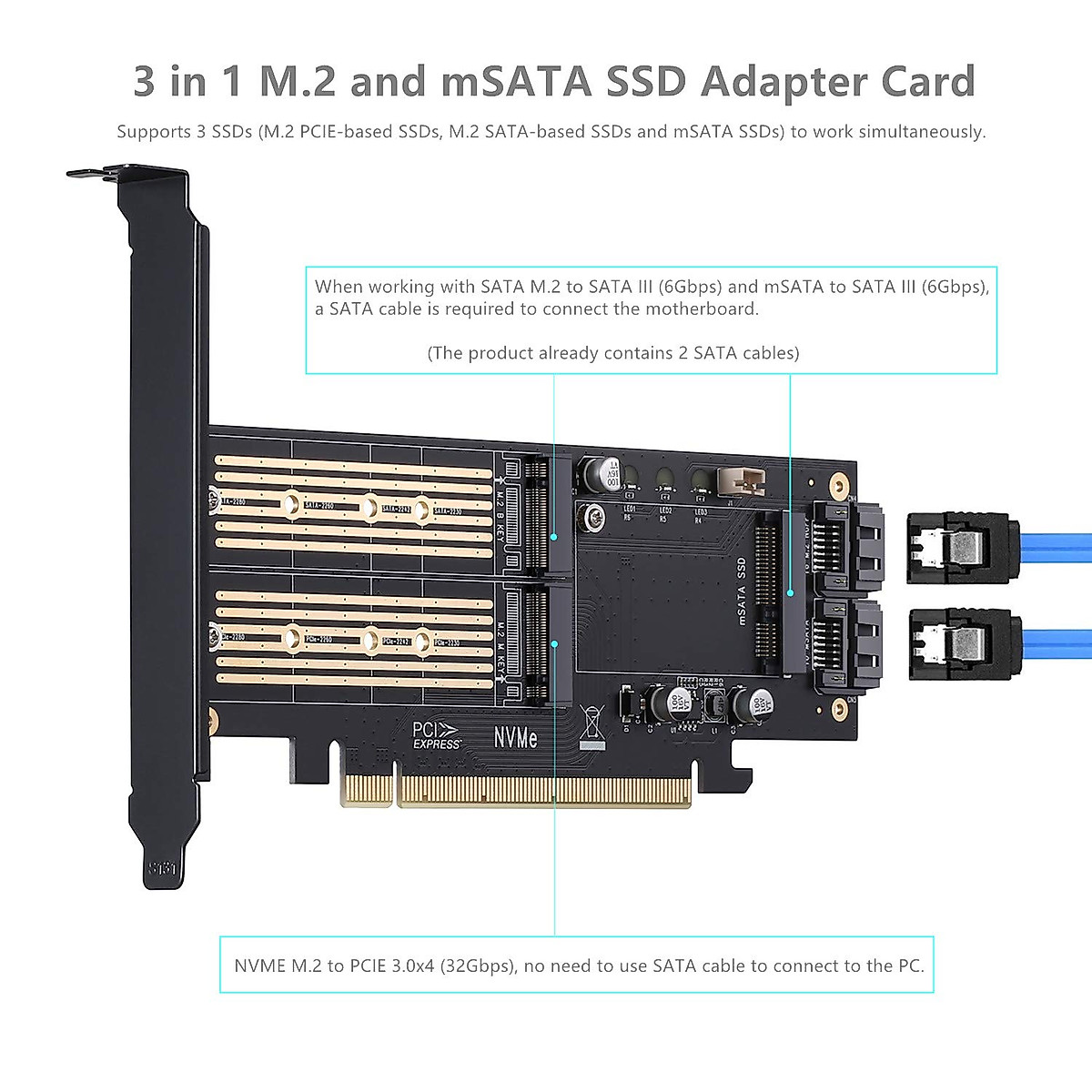 3 in 1 M.2 and mSATA SSD Adapter Card for M.2 NVME to PCIE Adapter,M.2 SATA SSD to SATA III Adapter,mSATA to SATA Adapter (with 2 Aluminum Heatsink)