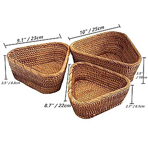 amololo 3 Pack Triangle Woven Basket Trays, 10 Inch Rolled Rattan Storage Tray with 4 Inch Raised Sides, Wicker Decorative Serving Nesting Tray Organizer for Bread, Fruit, Food, Catch All Dish S, M, L