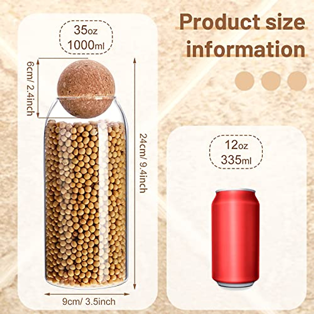 3 Pcs Cork Glass Jar Glass Bottle Sealed Jar Nut Storage Jar Coffee Bean Jar Glass Container with Ball Cork Round Glass Bottles with Cork Glass Canisters with Airtight Seal Wooden Lid (1000 ML/ 34 Oz)