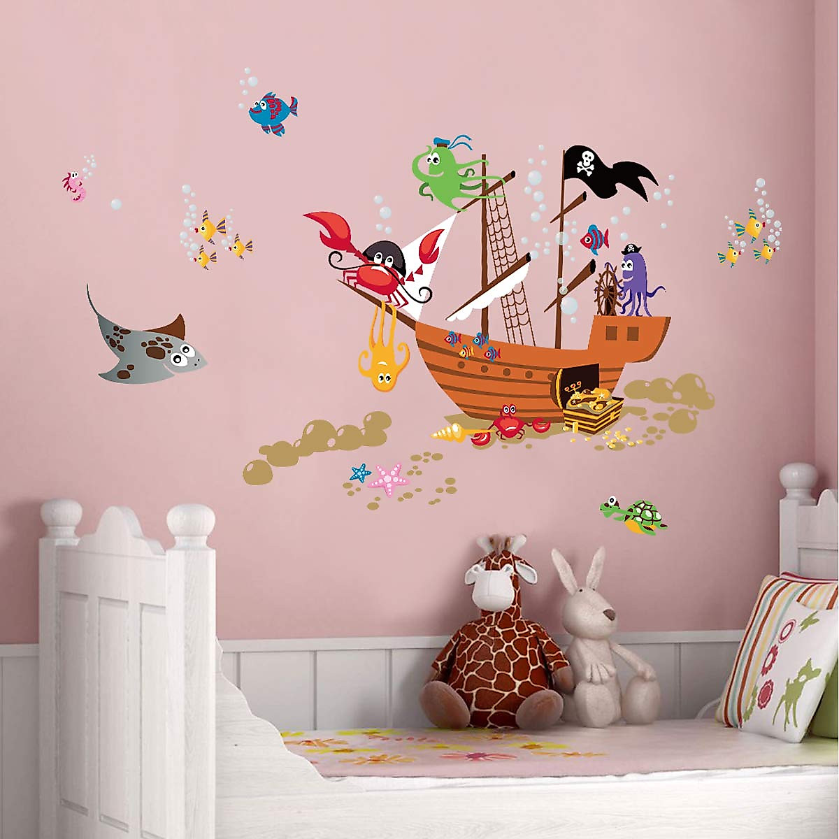 ufengke Pirate Ship Animal Wall Stickers Crab Octopus Bubbles Wall Decals Art Decor for Kids Boys Bedroom Nursery Playroom