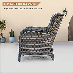 HUMMUH Outdoor Wicker Chairs PE Rattan Patio Dining Chairs Set of 2 High Back Curved Armrest Porch Chairs with 4 inch Seat Cushions (Grey Chairs with Blue Cushions, 35‘’D x 31''W x 35''H)