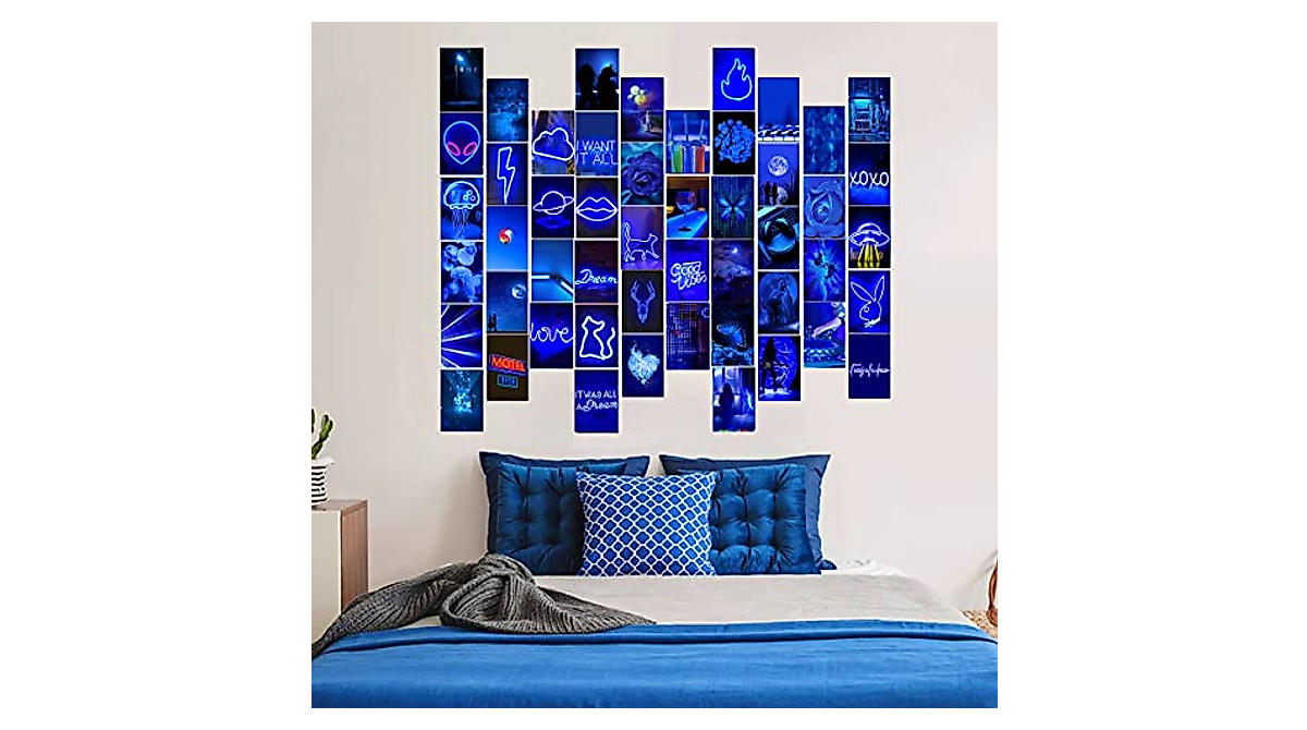 Blue Neon Wall Collage Kit - 50 Aesthetic Posters for Teen Bedrooms