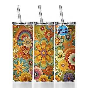 70's Retro Groovy Hippie Pretty Floral Design Skinny Tumbler 20oz with Straw Insulated Water Bottle Gift