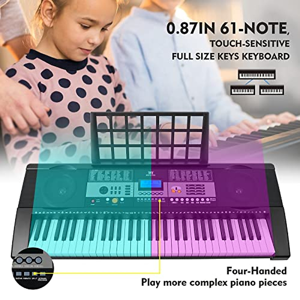 MUSTAR 61 Key Piano Keyboard, Touch Sensitive Keyboard Piano for Beginners, Electric Keyboards Piano with Stand, LCD Display, Headphones, Microphone, Power Adapter, Kids Birthday Gifts, Black