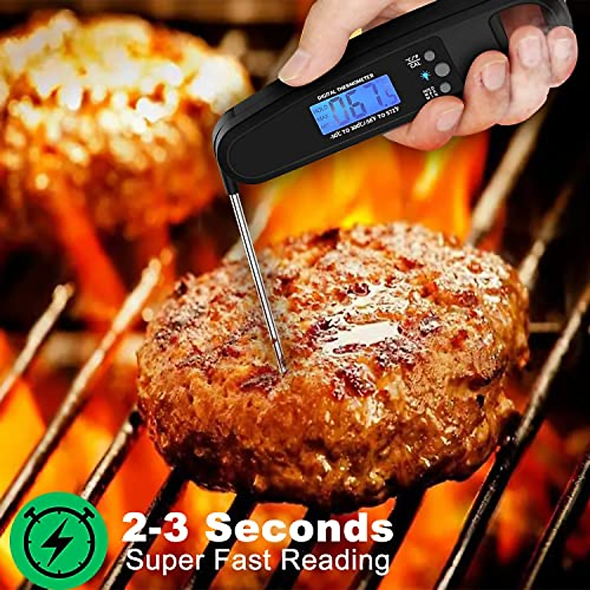 LIKEPAI Instant Read Meat Thermometer for Kitchen Cooking, Ultra Fast Precise Waterproof Digital Food Thermometer with Backlight, Magnet and Foldable Probe for Deep Fry, Outdoor BBQ, Grill（Black）