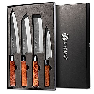 Traditional Japanese Professional Kitchen Chef Knife Set - Premium Gyuto Santoku Nakiri Petty High Corrosion Resistance Full Tang Knife Set