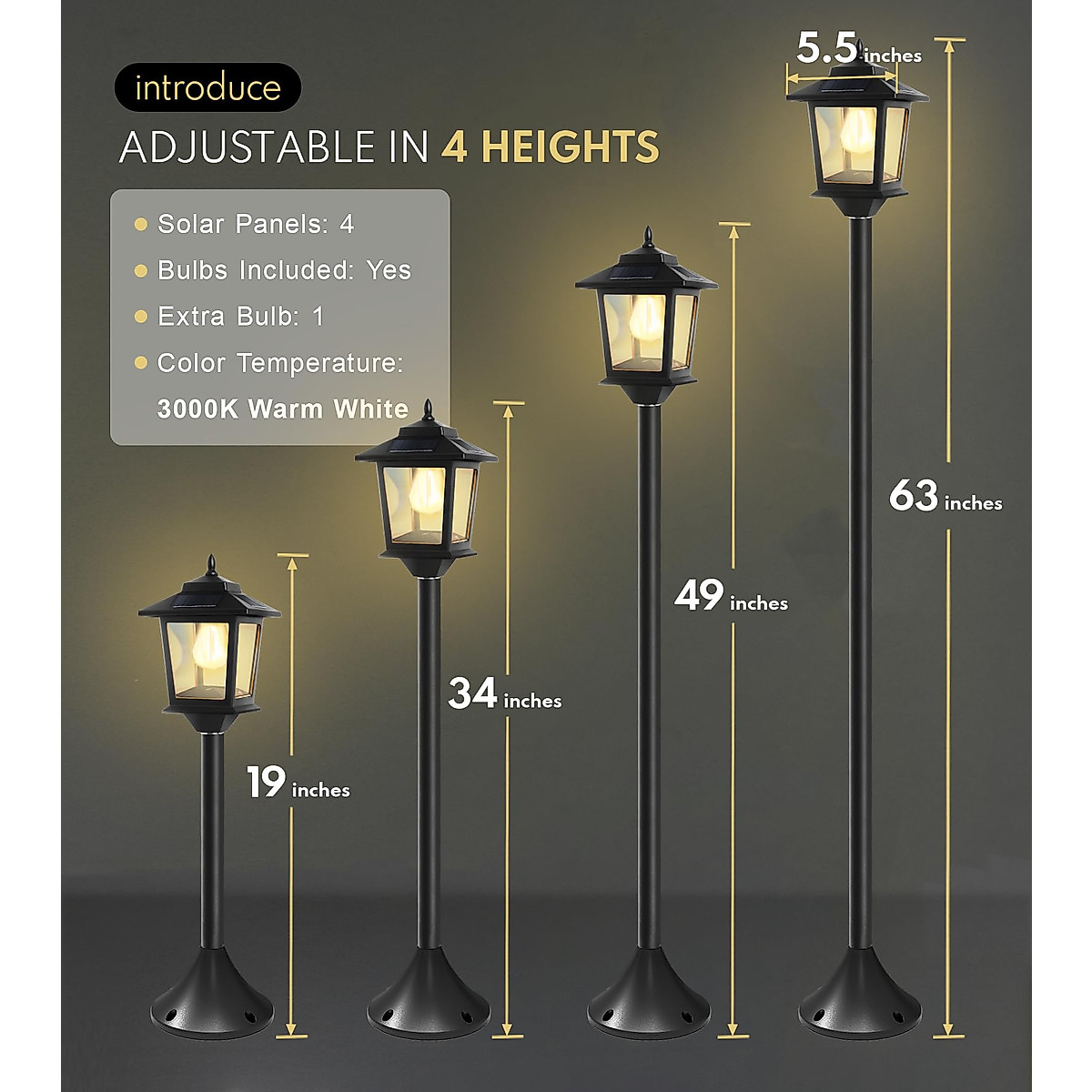 PASAMIC 63" Solar Lamp Post Lights 2Pack, Outdoor Post Lights Waterproof, Pole Lights Outdoor, Decorative Floor Lamp for Patio, Warm White, Replaceable Bulb