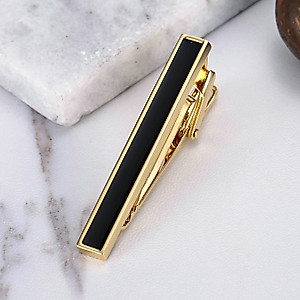Skcess Gold Black Men Clip on Tie Stainless Steel Tie Clip, Tie Bar Enamel Men's Clip on Ties Jewelry Gift for Men