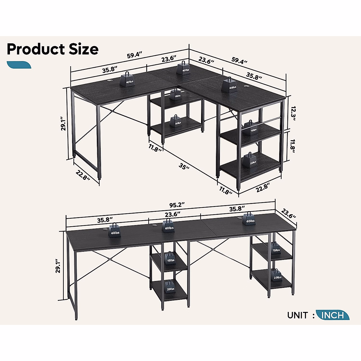 Bestier 95.2” L Shaped Desk, Reversible Corner Computer Desk or 2 Person Long Table with Adjustable Shelves, Large Writing Study Workstation with 3 Cable Holes - Black