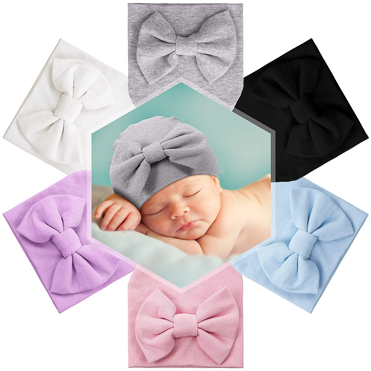 Geyoga 6 Pcs Newborn Hats Baby Beanie Cotton Hats Soft Newborn Baby Cap with Cute Bow for 0-6 Months Girls Unisex Baby(Classic Colors)