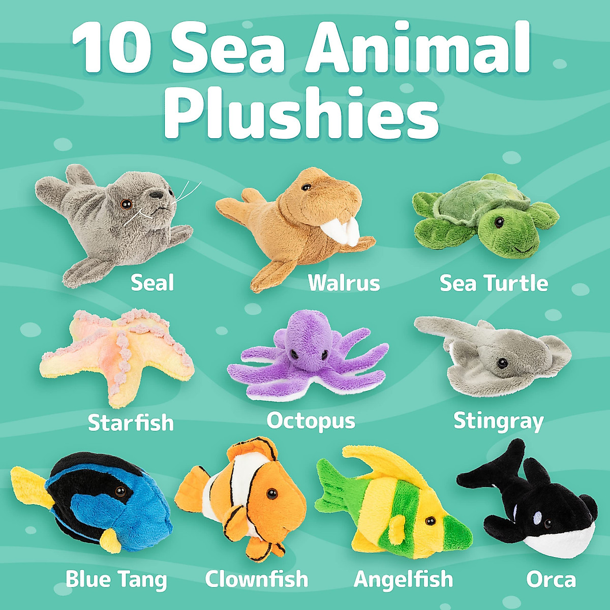 PREXTEX 10 Piece Plush Soft Stuffed Sea Animals - Small Stuffed Animals Bulk - Playset Plush Assortment, Turtle, Stingray, Nemo Fish, Killer Whale and More - Bulk Stuffed Animals
