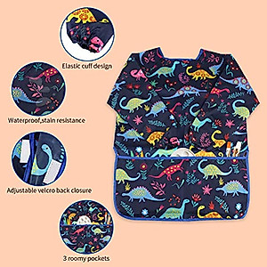 CUBACO 2 Pack Kids Painting Apron Children's Waterproof Artist Apron with Long Sleeve and 3 Pockets for Child 3-8 Years for Art Craft, Cooking, Baking, Feeding (Dinosaur Pattern)