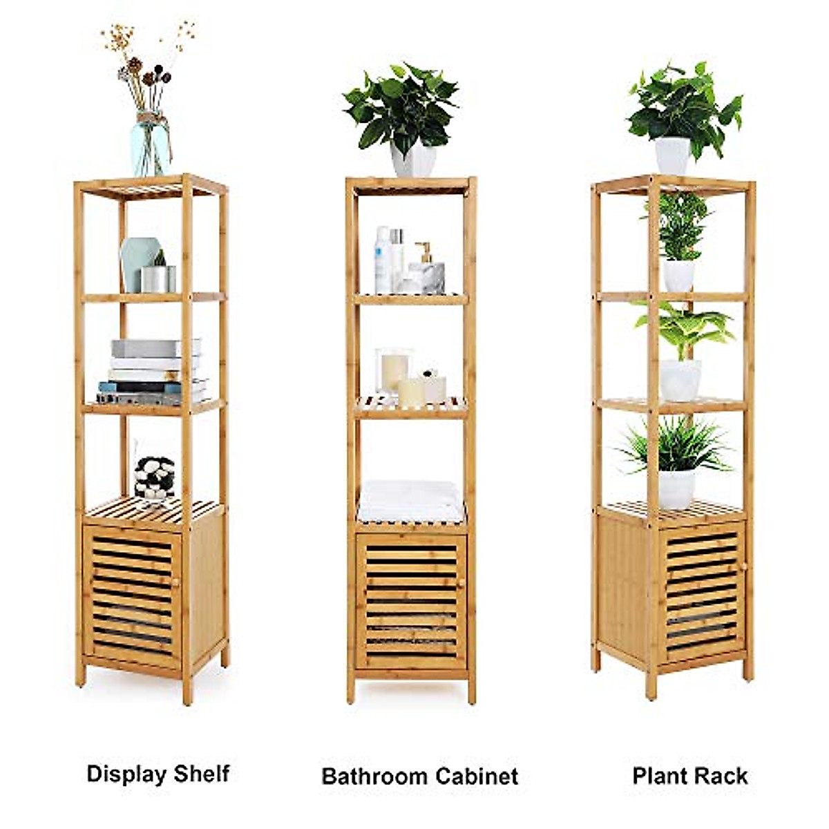 SONGMICS Bamboo Bathroom Storage Floor Cabinet, 4 Tiers Multifunctional Floor Shelving Unit, Free Standing Tower Corner Rack, Natural UBCB50Y