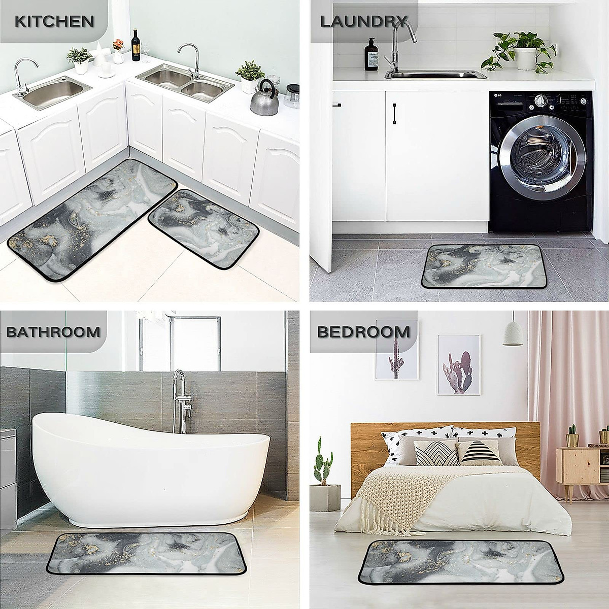 BOENLE Kitchen Rugs and Mats Non Skid Washable Kitchen Rug Set 2 Piece Black Grey Marble Carpet Ergonomic Comfort Standing Mat for Kitchen,Bathroom, Laundry