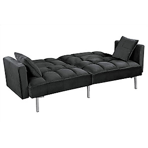 Container Furniture Direct Regal Convertible Sleeper Sofa Bed, Velvet Pull Out Couch with Mid-Century Style, Tufted Design and Metal Legs, Ideal for for Guests and Sleepovers, Black