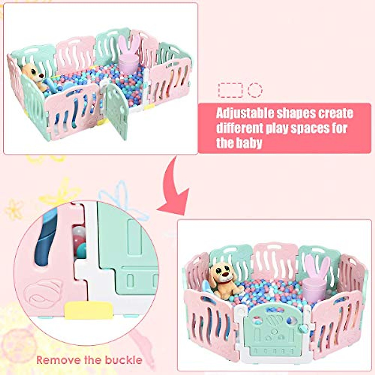 INFANS Baby Playpen, Kids Play Activity Center Yard for Toddlers, 10-Panel Safety Foldable Play Yard with Safety Lock, Adjustable Shape, Game Panel & Gate for Indoors or Outdoors (Green & Pink)