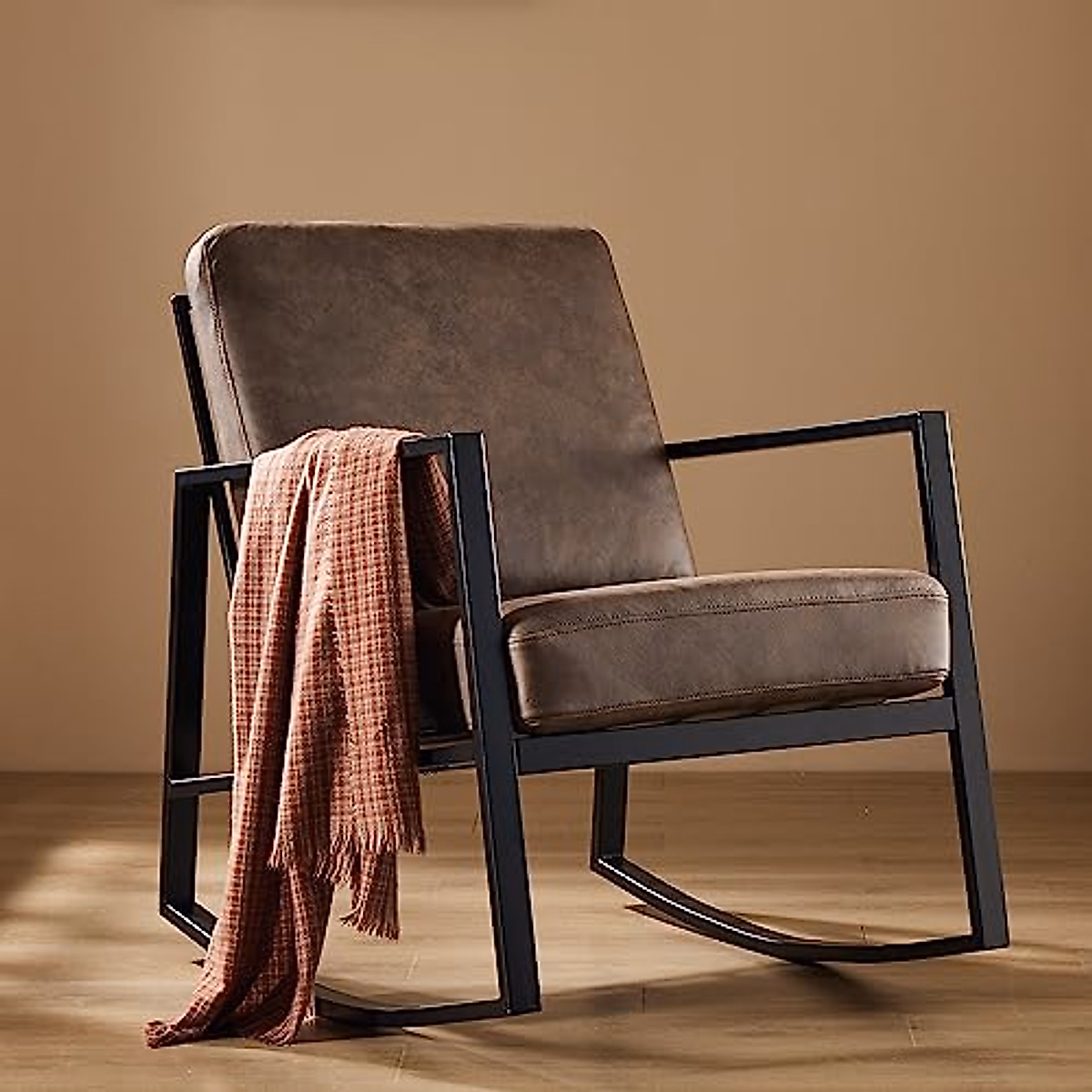 worldchoice Leather Rocking Chair Glider Chair for Nursery Upholstered Rocking Chair with Removable Cushion Cover Single Sofa Lounge Chair for Living Room Bedroom Reading Balcony, Brown