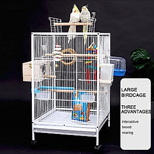33 Inch Wrought Iron Bird Cage with with Play Open Top and Rolling Stand for Mid-Sized Parrots Cockatiels Sun Parakeets Green Cheek Conures (White)