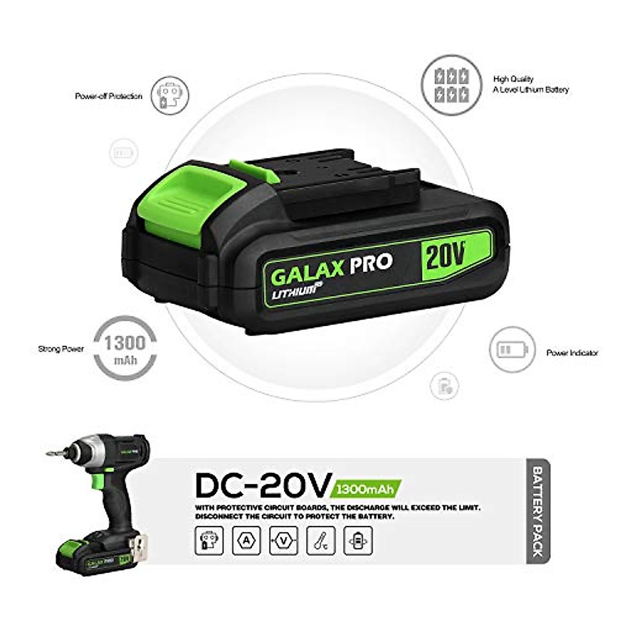 GALAX PRO Impact Driver 20 V Lithium Ion 1/4" Hex Cordless Driver with LED Work Light, 6 Pieces Screwdriver Bits, Variable Speed (0-2800 RPM)- 1.3 Ah Battery and Charger Included