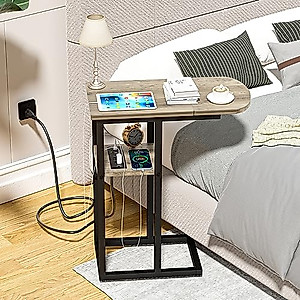 eiskah C Shaped End Table with Charging Station, Side Table for Living Room & Bedroom, Slide Under Couch Laptop Table with USB Ports and Outlets, Snack Tray Table for Couch & Bed