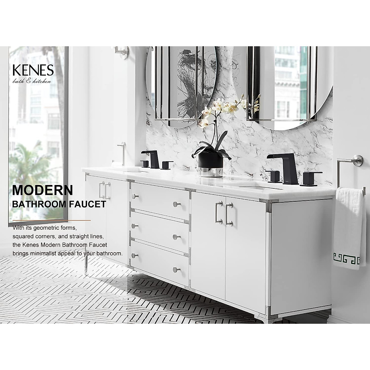 KENES Matte Black 8 Inch Waterfall Widespread Bathroom Faucet 3 Hole, Two-Handle Waterfall Bathroom Sink Faucet, Modern Bathroom Faucets with Supply Lines, KE-9052-2