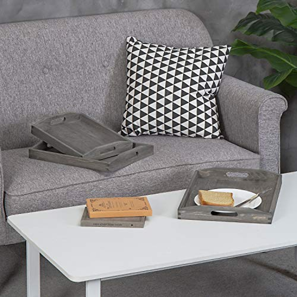 MyGift Vintage Gray Wood Serving Trays - Nesting Breakfast, Ottoman, Decorative Coffee Table Tray with Handles, 3-Piece Set