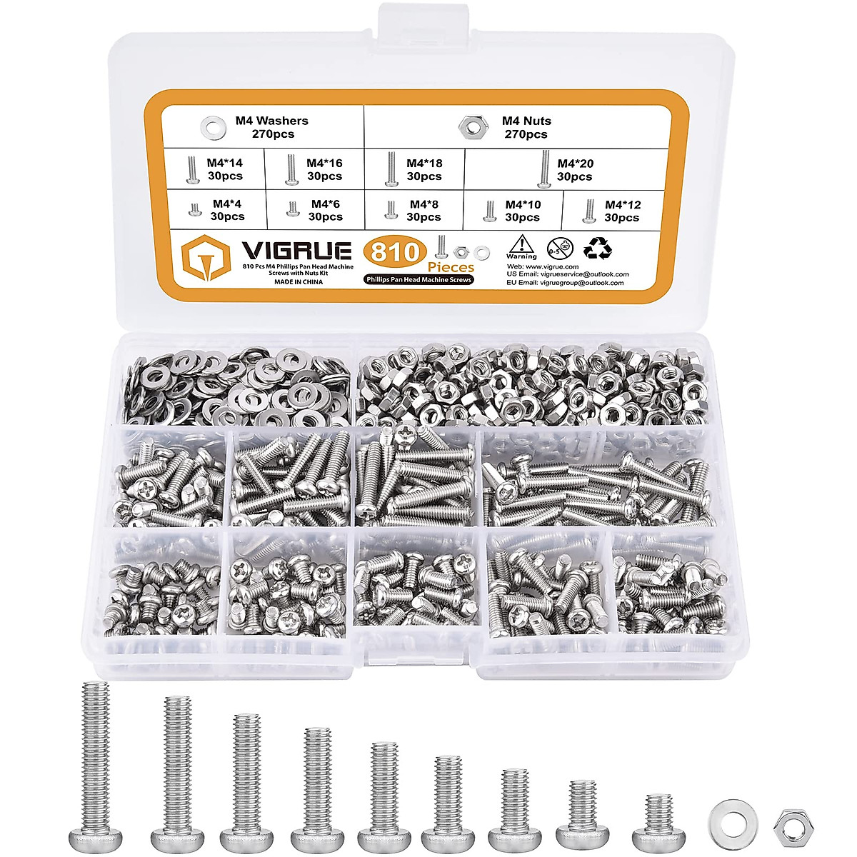 VIGRUE 810 Pcs M4 x 4/6/8/10/12/14/16/18/20 mm Screw Assortment Kit 304 Stainless Steel Machine Screws Phillips Pan Head Screws Bolts Nuts Lock Flat Washers with Storage Box