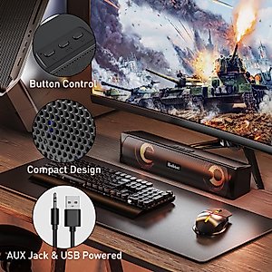 Bobtot Computer Speakers Desktop Soundbar - HiFi Stereo Audio RGB Mini Sound Bar External Speaker with Bluetooth AUX-in Wired USB Powered Volume Control for PC Laptop Tablets Monitor