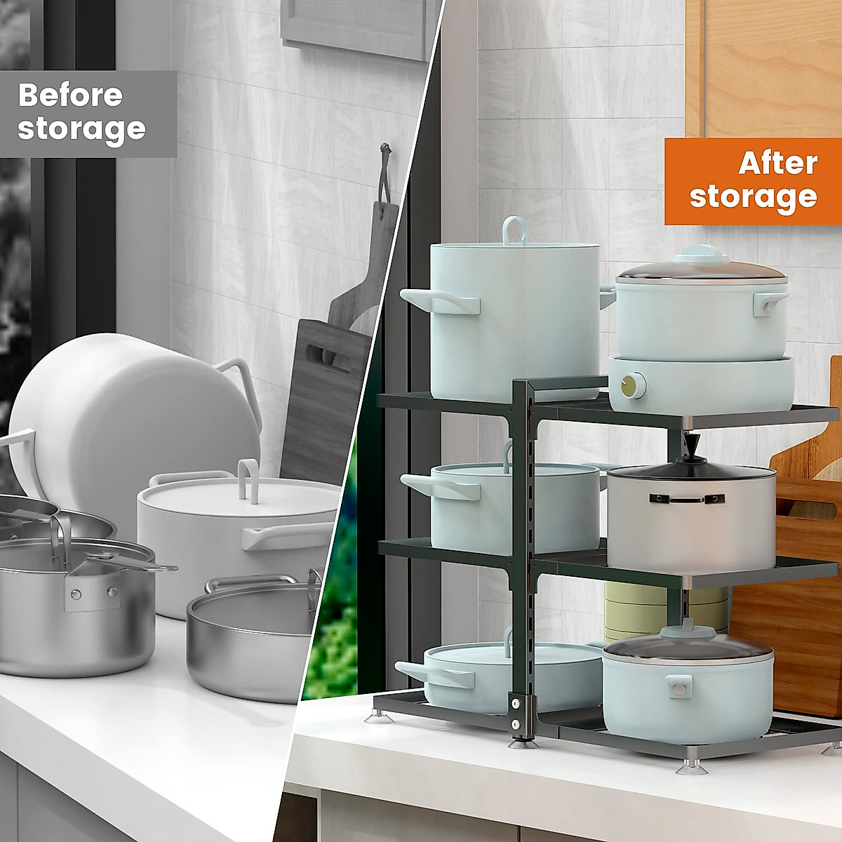 HOYRR Pots and Pans Organizer,Pot Organizer Rack For Under Cabinet,Pan Organizer,6 Tier Bilateral Adjustable Pot Rack,Pot and Pan Organiser For Kitchen Organisation and Storage.(Black)