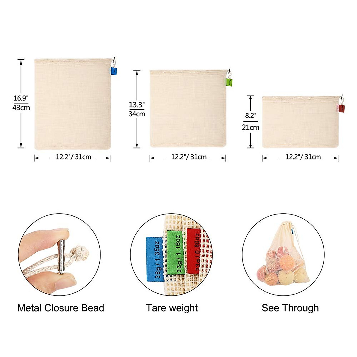 Reusable-Cotton-Mesh-Produce-shopping-Bags-Washable Eco Friendly Premium See Through Lightweight Net zero Bulk Bags for Veggie Fruit Vegetable Grocery Storage ( 9 Packs )