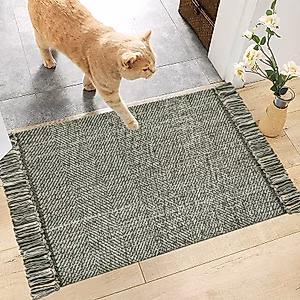 Collive Small Bathroom Rug, 2' x 3' Hand-Woven Low Profile Front Entryway Rug, Olive Green/Cream Cotton Reversible Washable Kitchen Mat Modern Farmhouse Carpet for Foyer Bedroom Back Door Decor