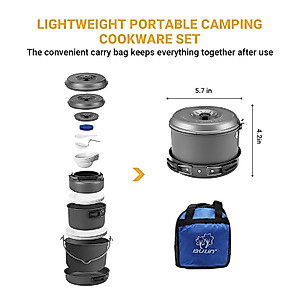 Bulin 13Pcs Camping Cookware Mess Kit, Nonstick Backpacking Cooking Set, Outdoor Cook Gear for Family Hiking, Picnic Lightweight Cookware Sets(Kettle, Pots, Frying Pan, BPA-Free Bowls, Plates, Spoon)