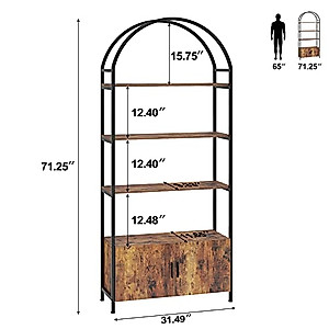 Jehiatek Arched Bookshelf, Bookcase with Doors Storage, 71 Inches Tall Industrial Book Shelf with Sturdy Metal Frame, E1 Quality Boards, Freestanding Display Shelving Unit, Black and Rustic