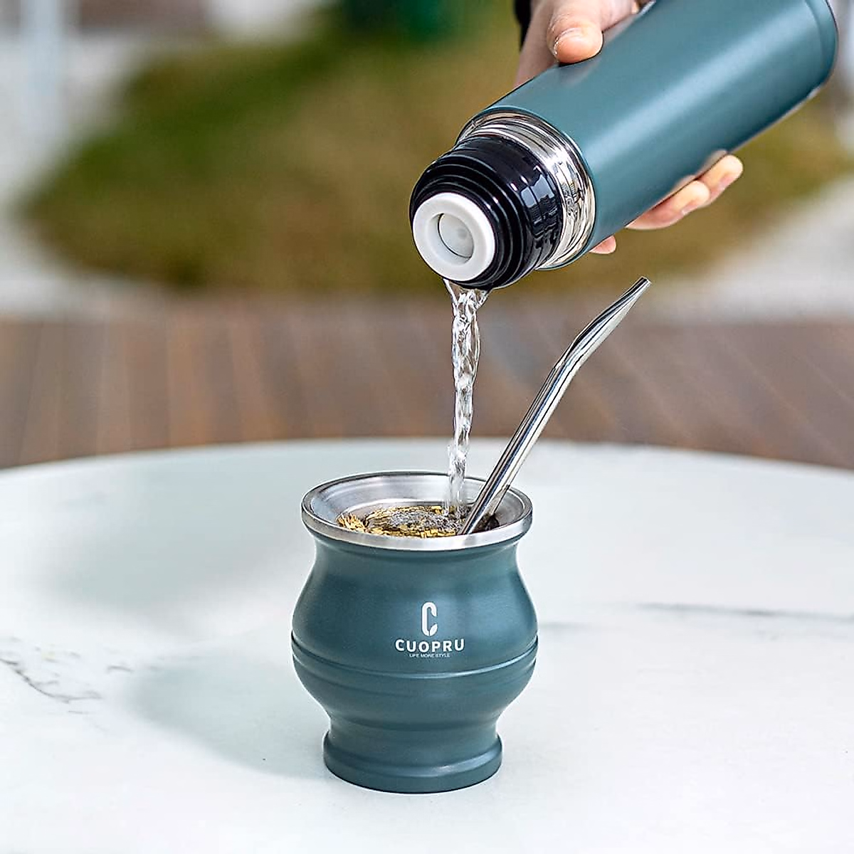 Cuopru Yerba Mate Tea Cup Double-walled Mate Cup with Straw Stainless Steel Yerba Mate Set with Bombilla Yerba Mate (Black)