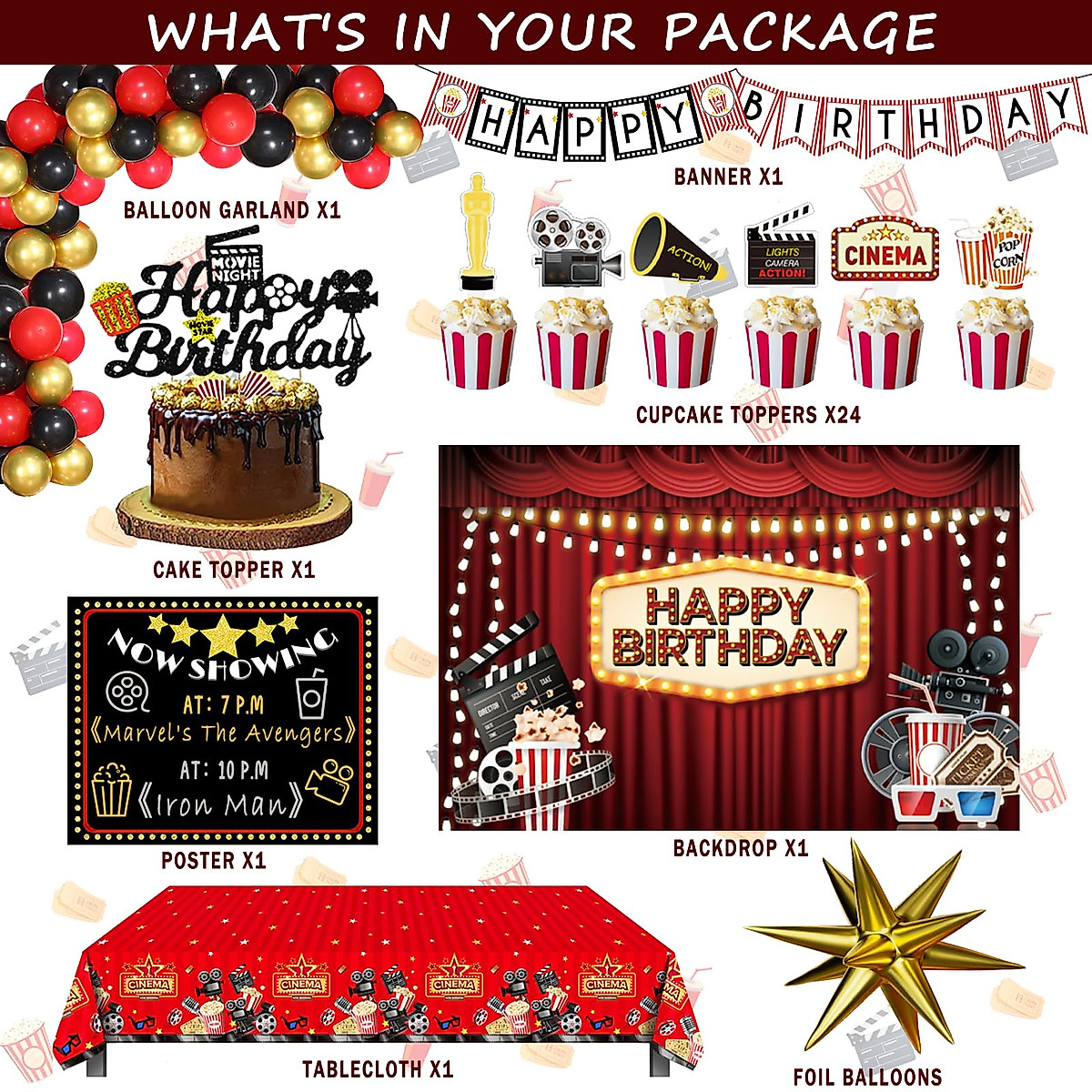 Hombae Movie Night Birthday Party Decorations, Movie Theater Hollywood Cinema Themed Birthday Party Backdrop Balloon Garland Banner Tablecloth Cake Cupcake Topper Poster Clapboard
