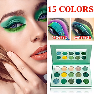 Green Eyeshadow Palette,Eye Shadow Plattet,15 Colors Professional Makeup Palette,Matte Glitter Highly Pigmented Eyeshadow Palette for Eye Makeup, Long Lasting Waterproof Colorful Eye Shadow Powder
