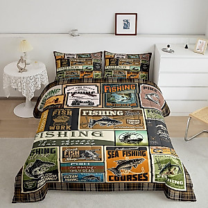 jejeloiu Fish Comforter Vintage Fish Stamp Pattern Comforter Set for Boys Girls Children Fishing and Hunting Brown Green Bedding Set Room Decor Full Size with 2 Pillow Case
