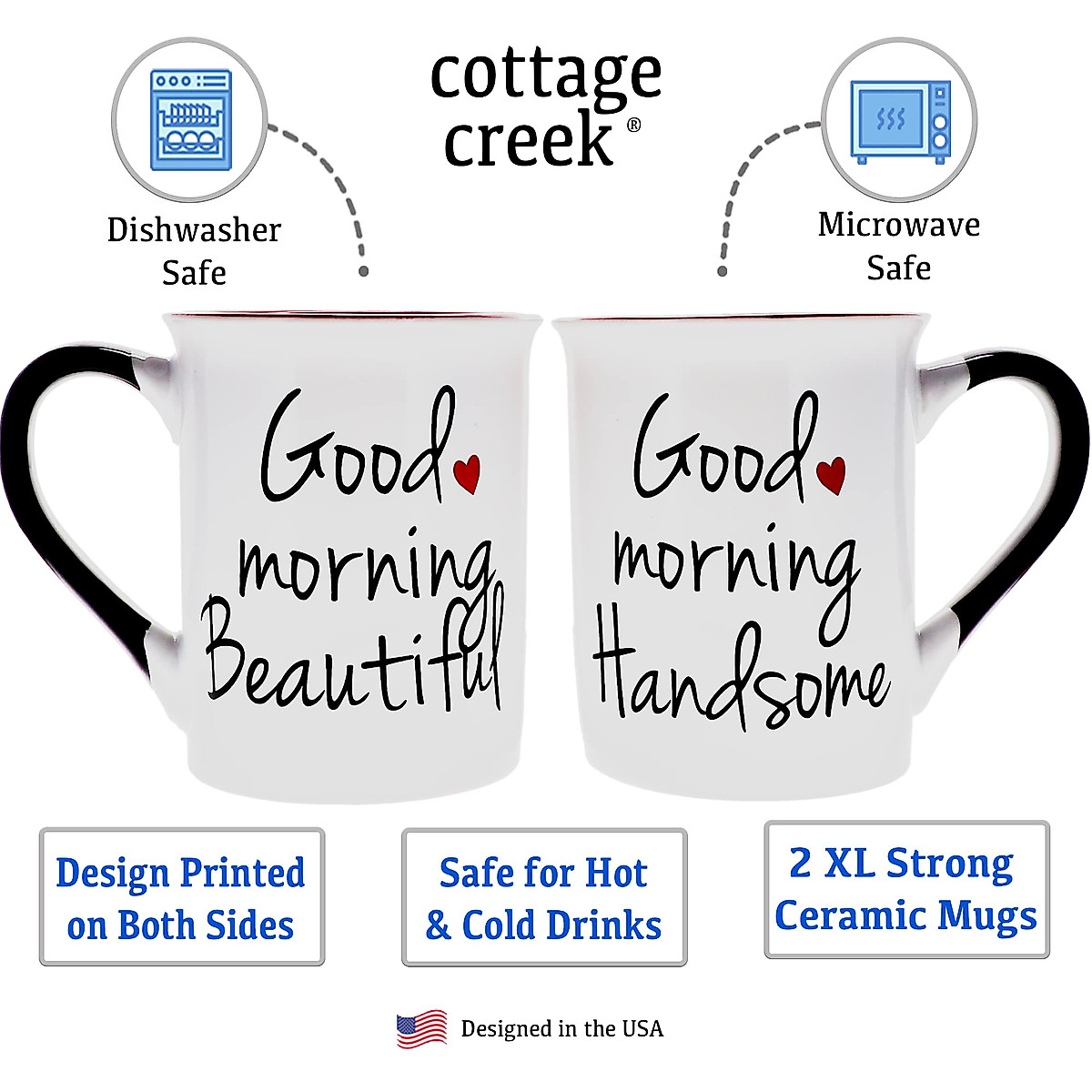 Couples Mug Set of 2 Coffee Cups, Good Morning Beautiful, Handsome' 16oz Coffee Mugs, Ideal Couples Gift Ideas, Birthday Gifts for Women, Boyfriend Gifts, Gift for Girlfriend