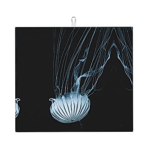 Jellyfish Printed Drying Mat For Kitchen Ultra Absorbent Microfiber Dishes Drainer Mats Non-Slip Silicone Quick Dry Pad - 18 X 16inch
