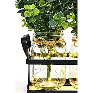 Dahey Lights Mason Jar Centerpiece Table Centerpieces for Dining Room Farmhouse Kitchen Decor Rustic Metal Tray with 3 Artificial Plant Table Decorations for Coffee Dining Living Kitchen Room