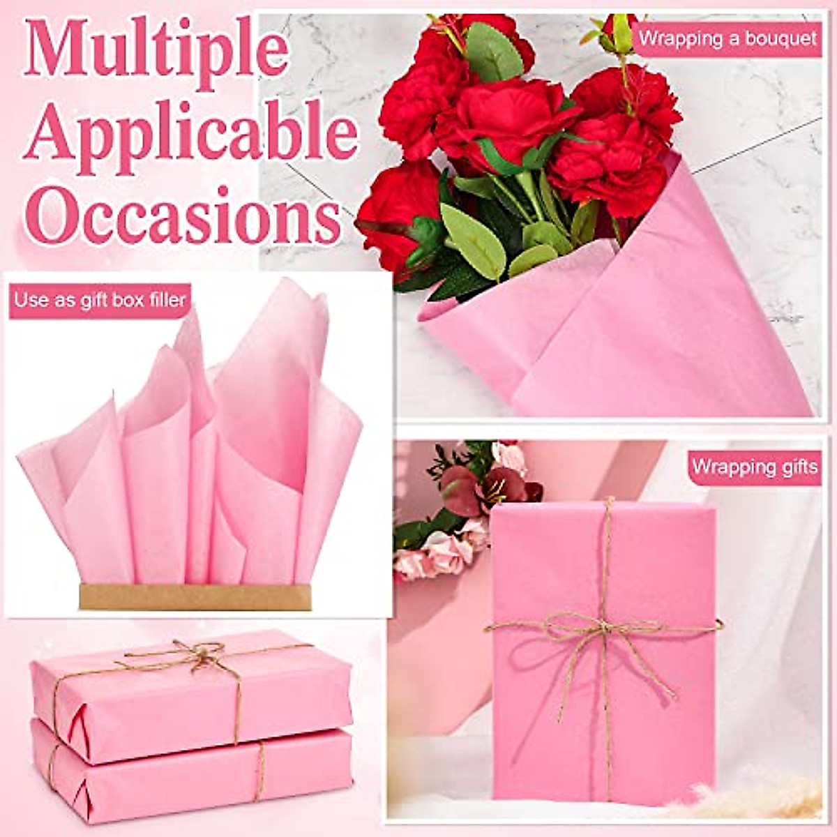 500 Sheets Kraft Tissue Paper for Gift Bags 14 x 20 Inches Recyclable Brown Gift Wrapping Paper Bulk for Weddings Birthday DIY Project Christmas Gift Wrapping Crafts Decor (Light Pink)