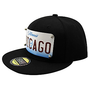 Men's Snapback Black Hat Custom Metal Plate Chicago (Black)